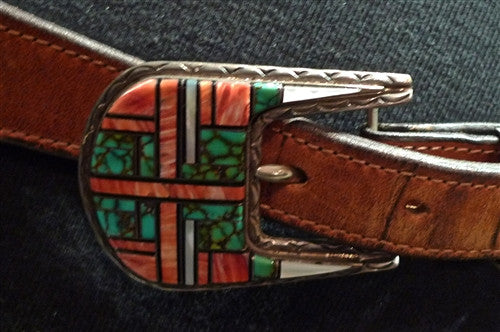 Southwestern Ranger Belt Buckle in Sterling Silver Spiny Coral and Tur ...